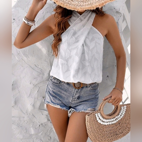 Tops | New Boho Tropical Leaf Twist Halter Top Blouse White | Poshmark
